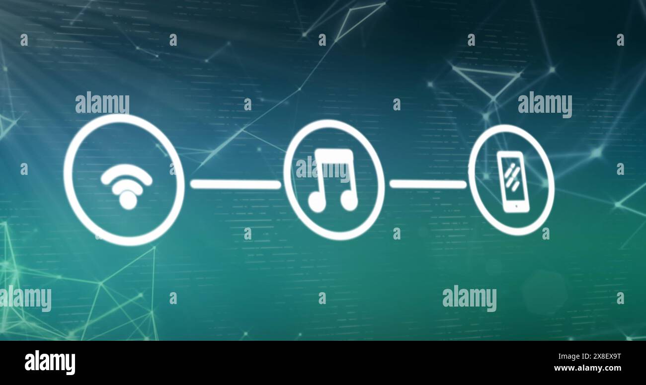 Image of network of connections and digital icons against green ...