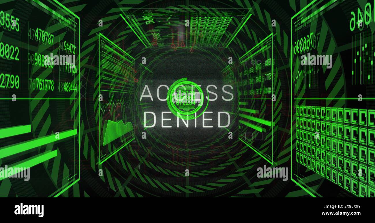 Image of access denied text, changing numbers in circles, loading bars against black background ...