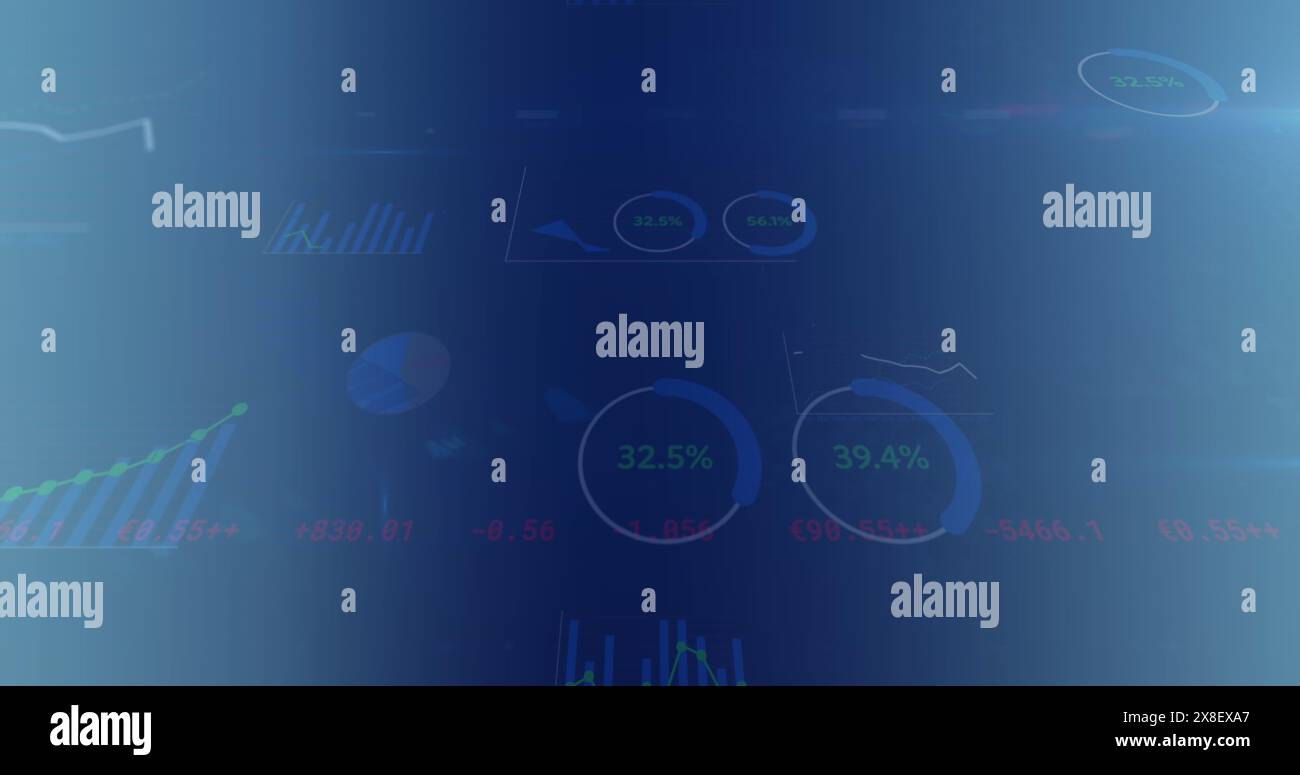 Image of statistical data processing against blue gradient background ...