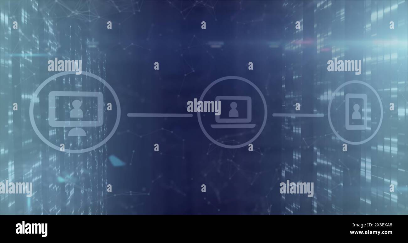 Image of network of digital icons and screens of mosaic sqaures against ...