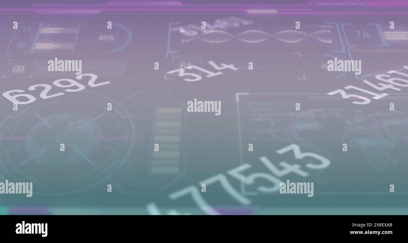 Image of changing numbers over interface with data processing against purple gradient background ...