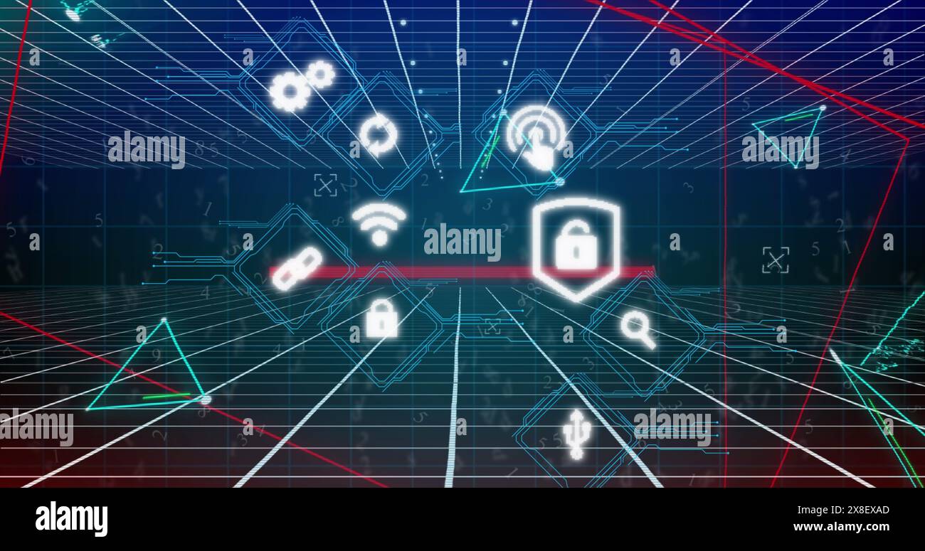 Image of digital icons and plexus networks over grid network on blue background Stock Photo - Alamy