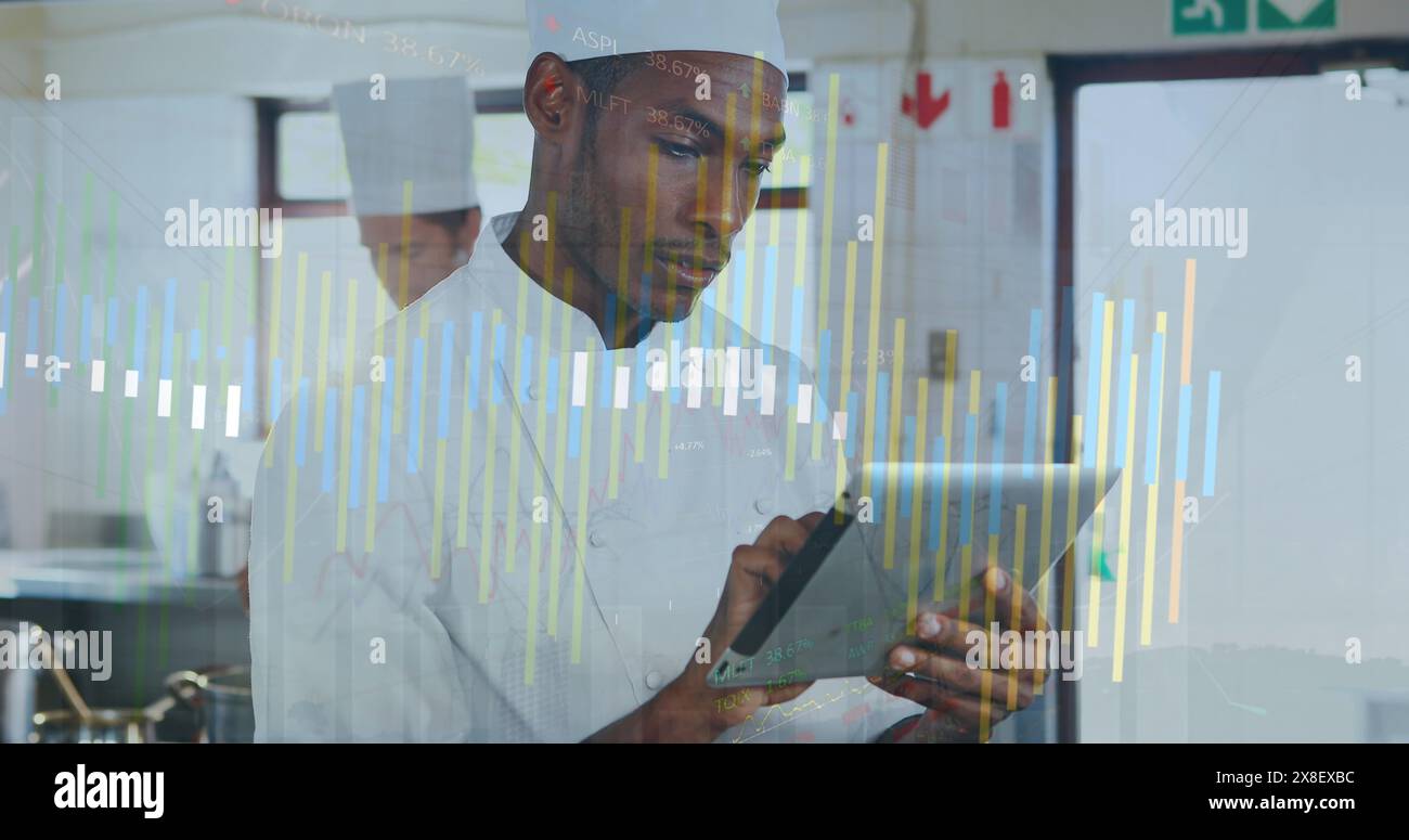 Image of data processing against african american male chef using ...