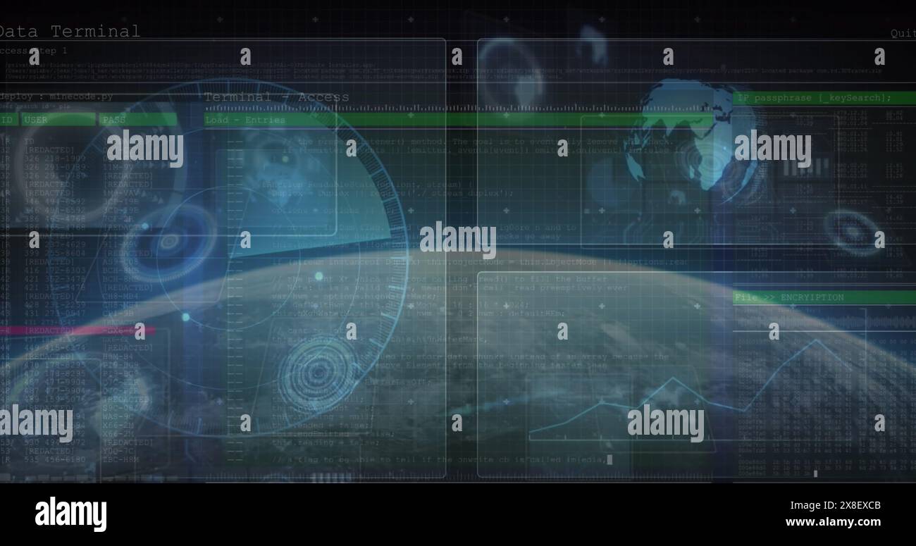Image of scopes and data processing over globe Stock Photo - Alamy
