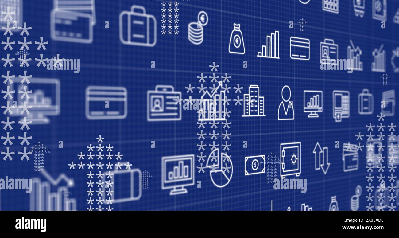 Image of interface with digital icons over arrow icons moving upwards ...