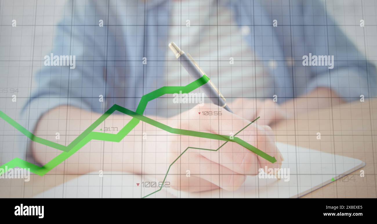 Image of statistical data processing against mid section of a man ...