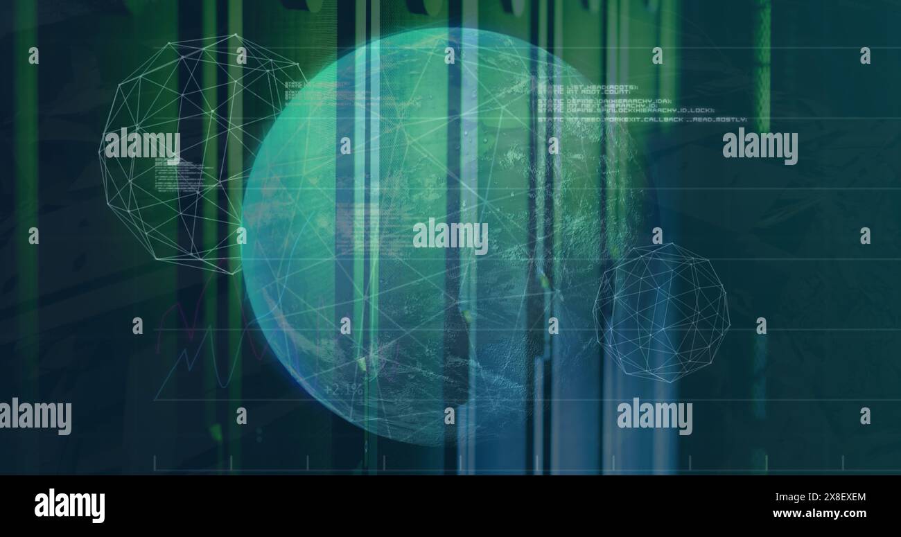 Image of spinning globe and statistical data processing against ...