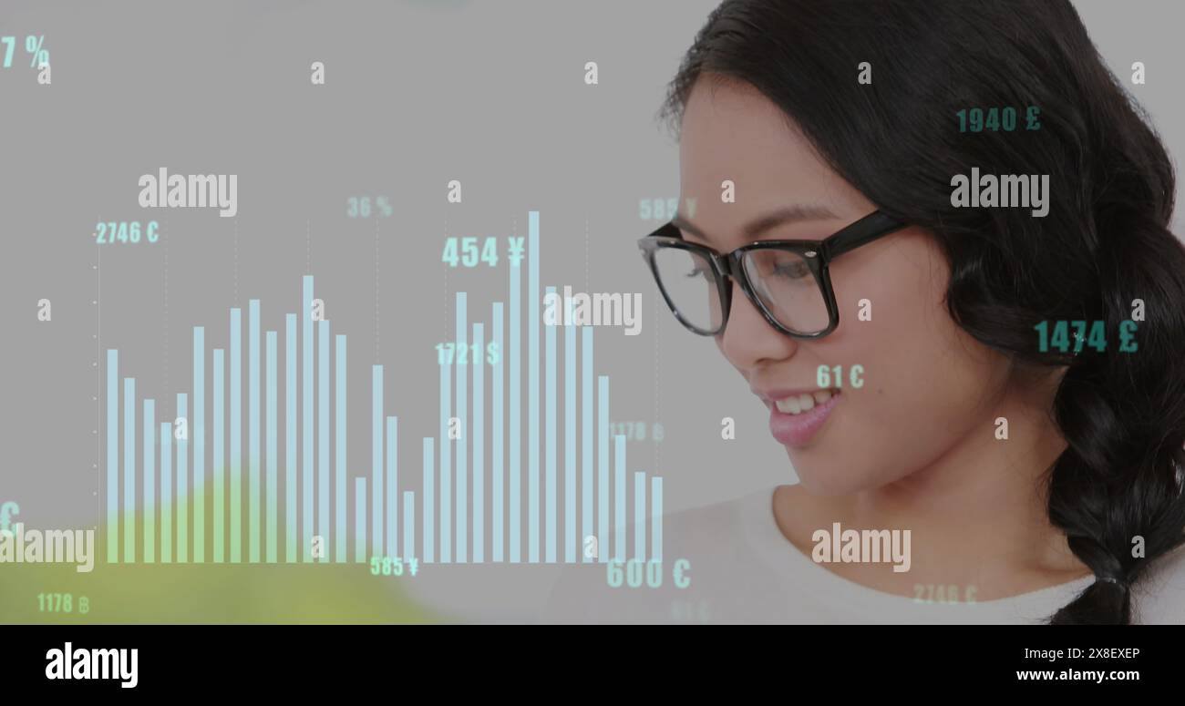 Image Of Statistical Data Processing Against Asian Woman Using Digital