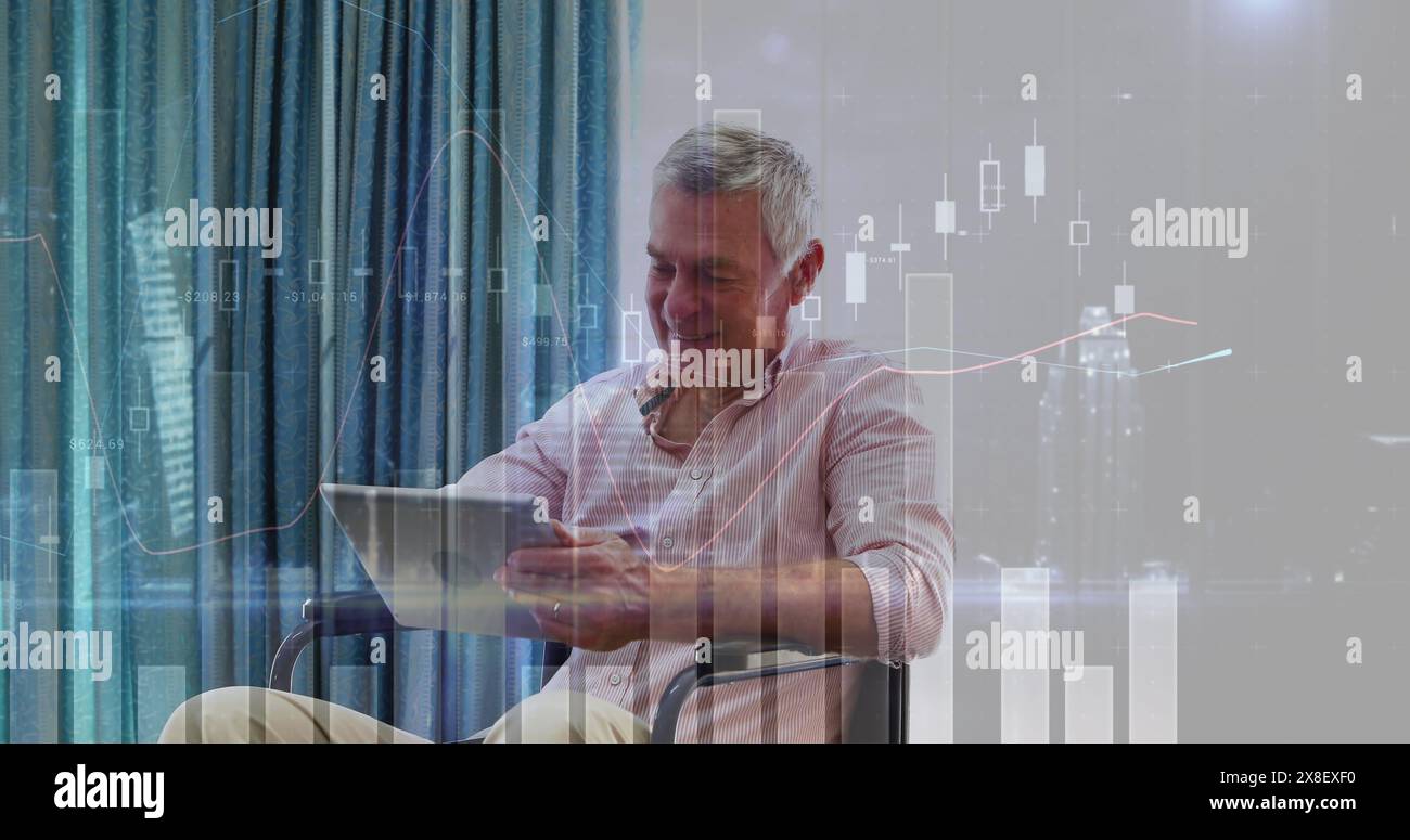 Image Of Statistical Data Processing Over Caucasian Man Using Tablet Sitting On Chair At Home