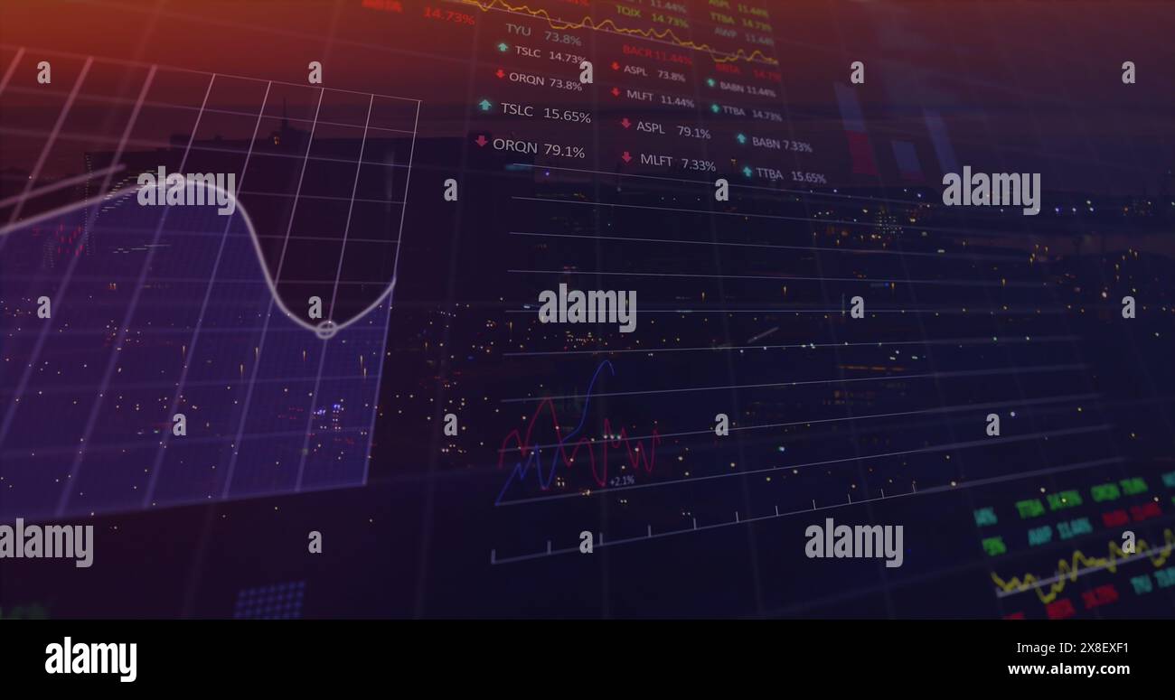Image of statistical, stock market data processing against aerial view ...