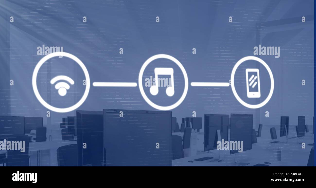Image of financial data processing over desks with computer in office ...
