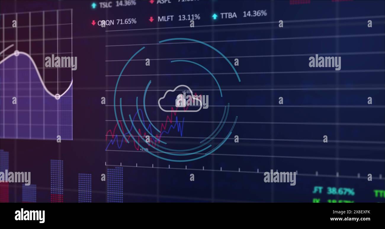 Image of padlock in circles, graphs, trading boards and computer language over black background ...
