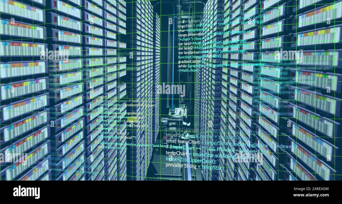 Image of computer language and grid over data server racks Stock Photo - Alamy