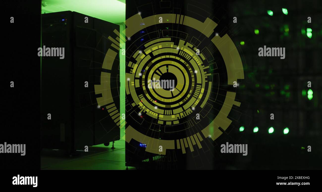 Image of multiple round scanners spinning against computer server room Stock Photo - Alamy