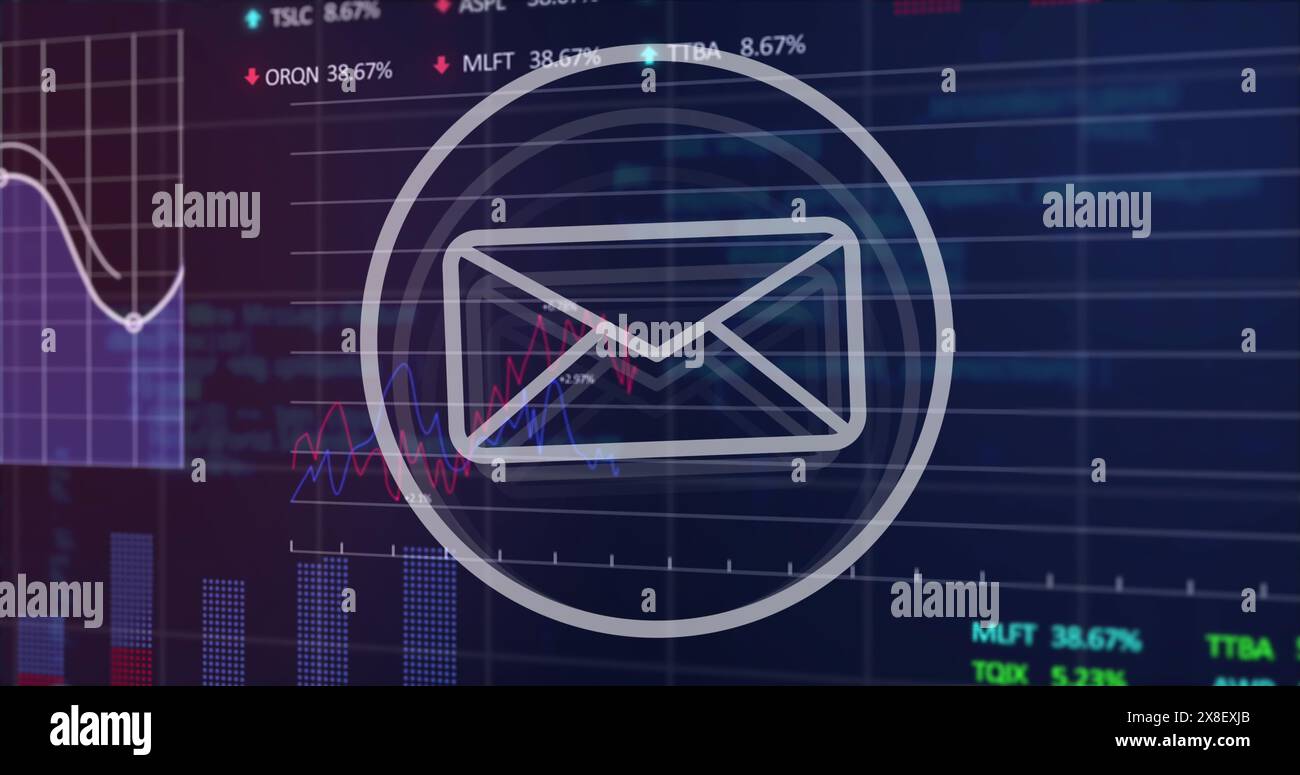 Image of envelope in circle, graphs, changing numbers, trading boards ...