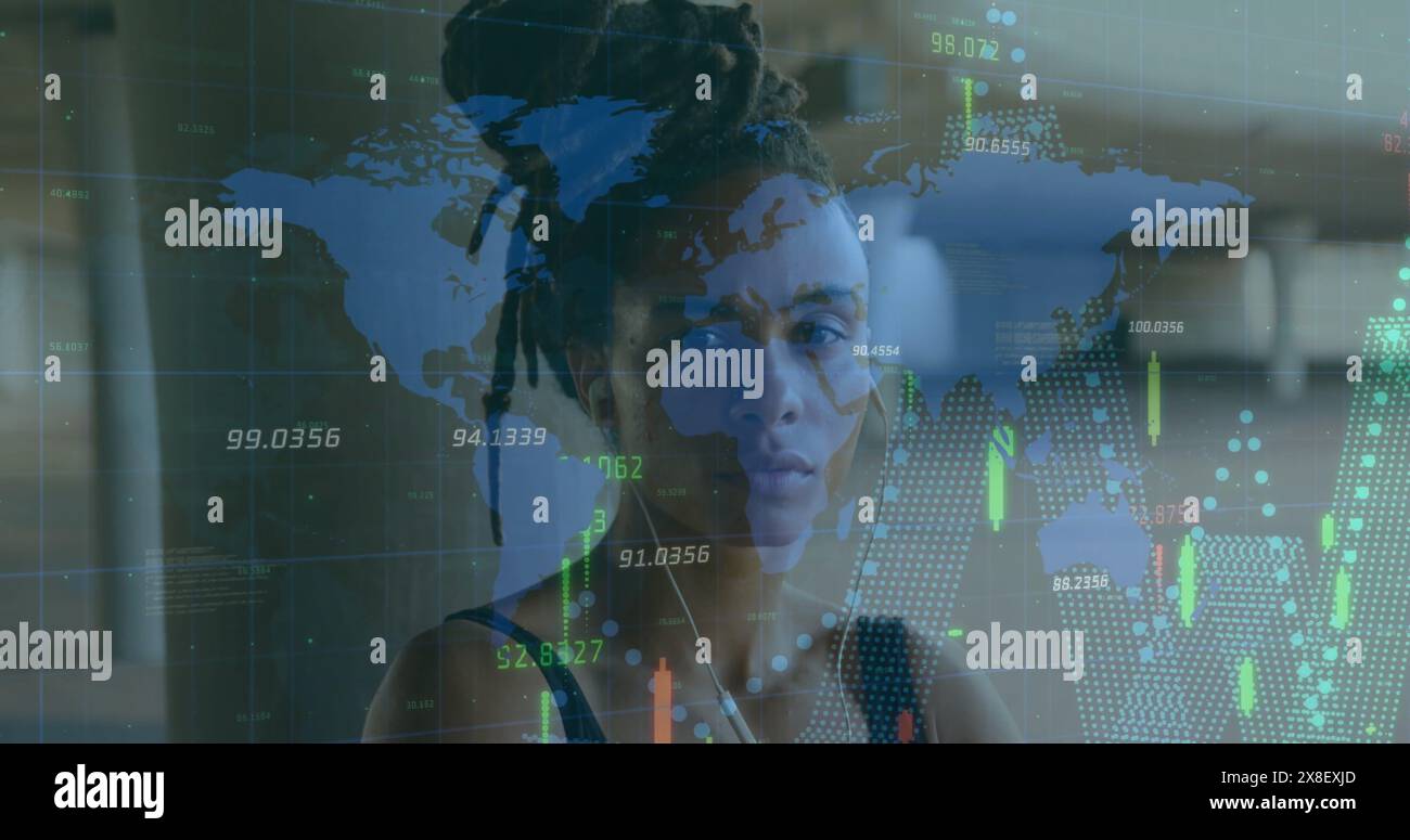 Image of graphs, numbers and map over biracial female runner standing ...