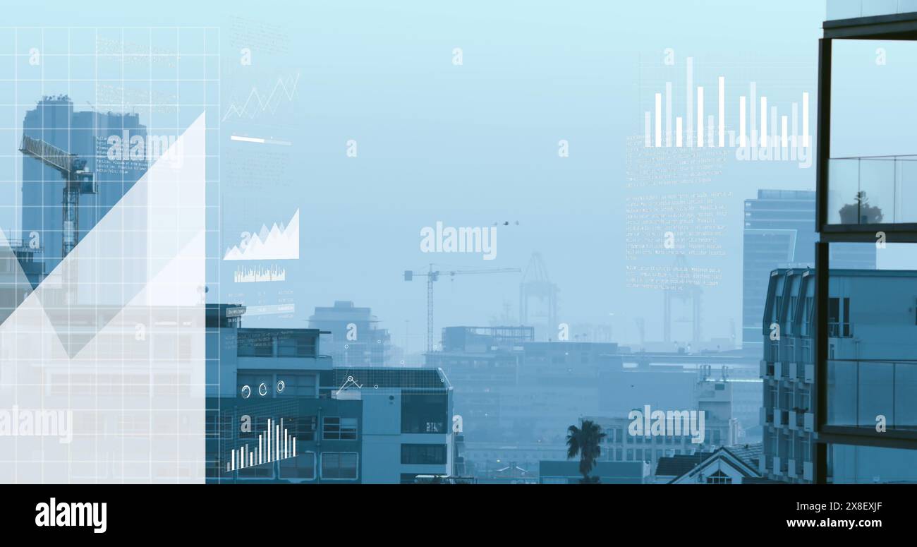 Image of multiple graphs, map and loading bar over modern buildings ...