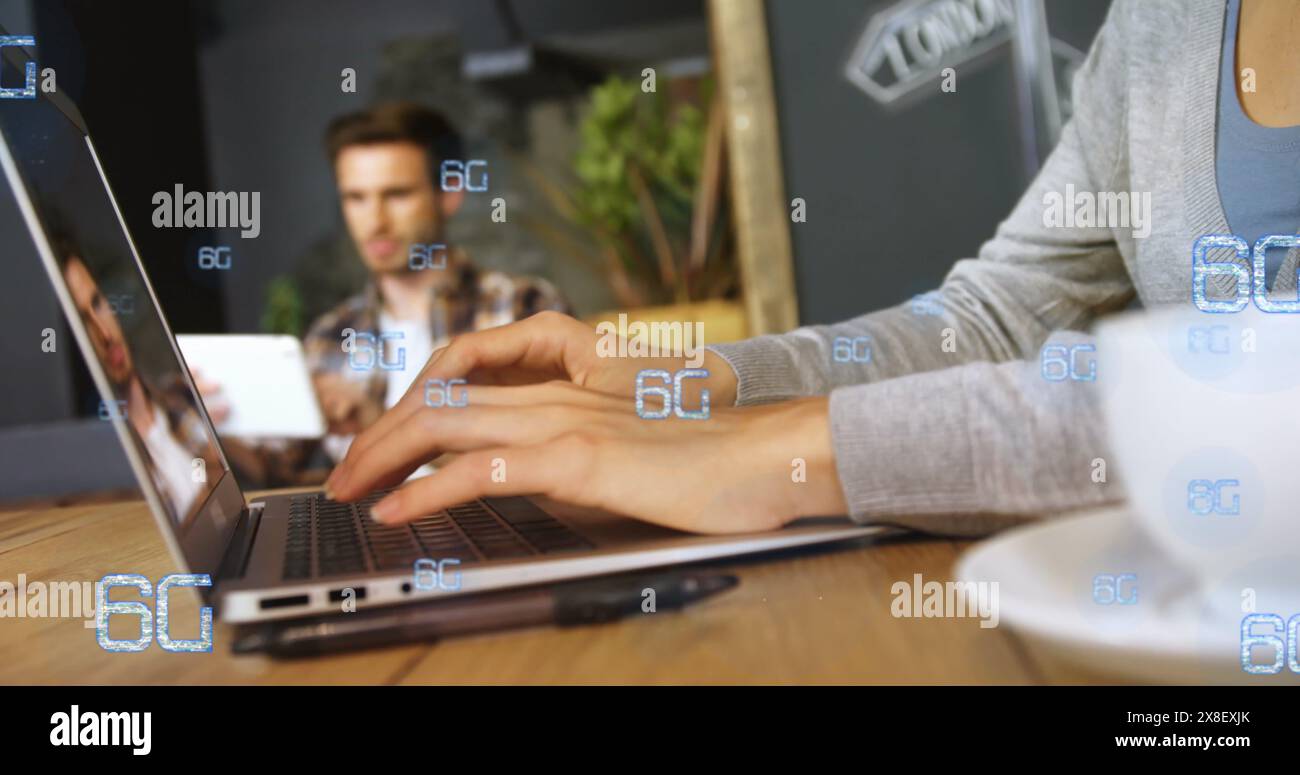 Image of multiple 6g texts over beautiful caucasian woman typing on ...