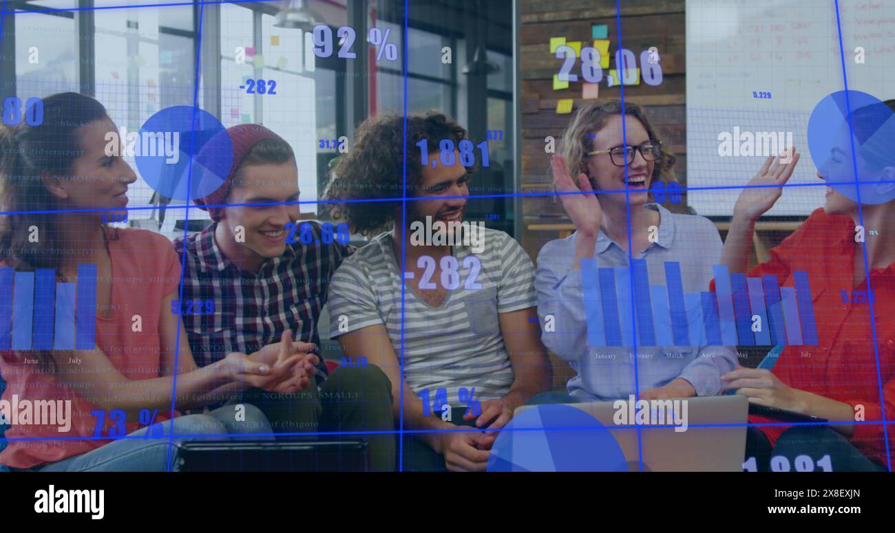 Image Of Statistical Data Processing Over Diverse Colleagues High Fiving Each Other At Office