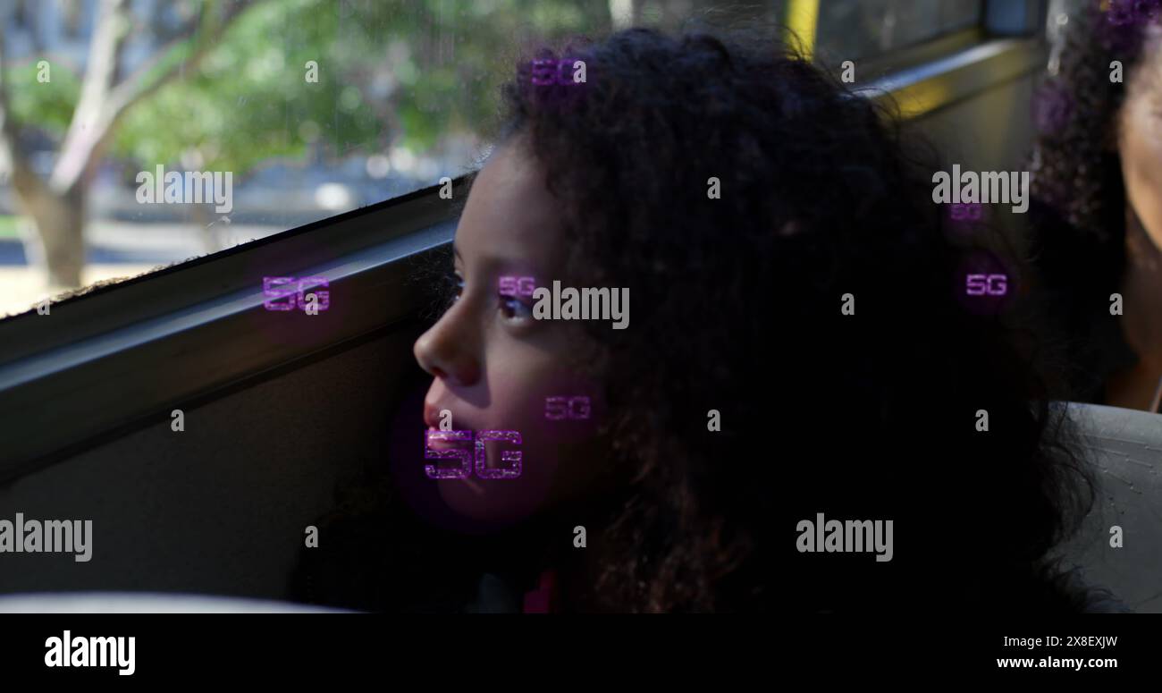 Image of multiple 5g text over biracial girl looking through glass ... Image of multiple 5g text over biracial girl looking through glass ...