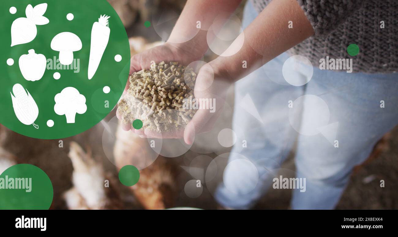 Image of vegetable icons and spots over mid section of woman feeding ...