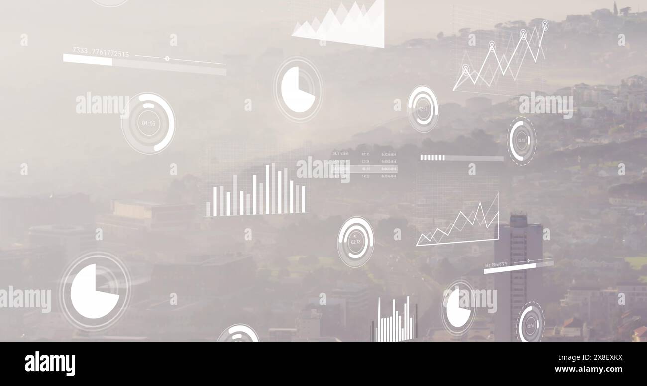 Image of multiple graphs, loading circles and bars over fog covered ...