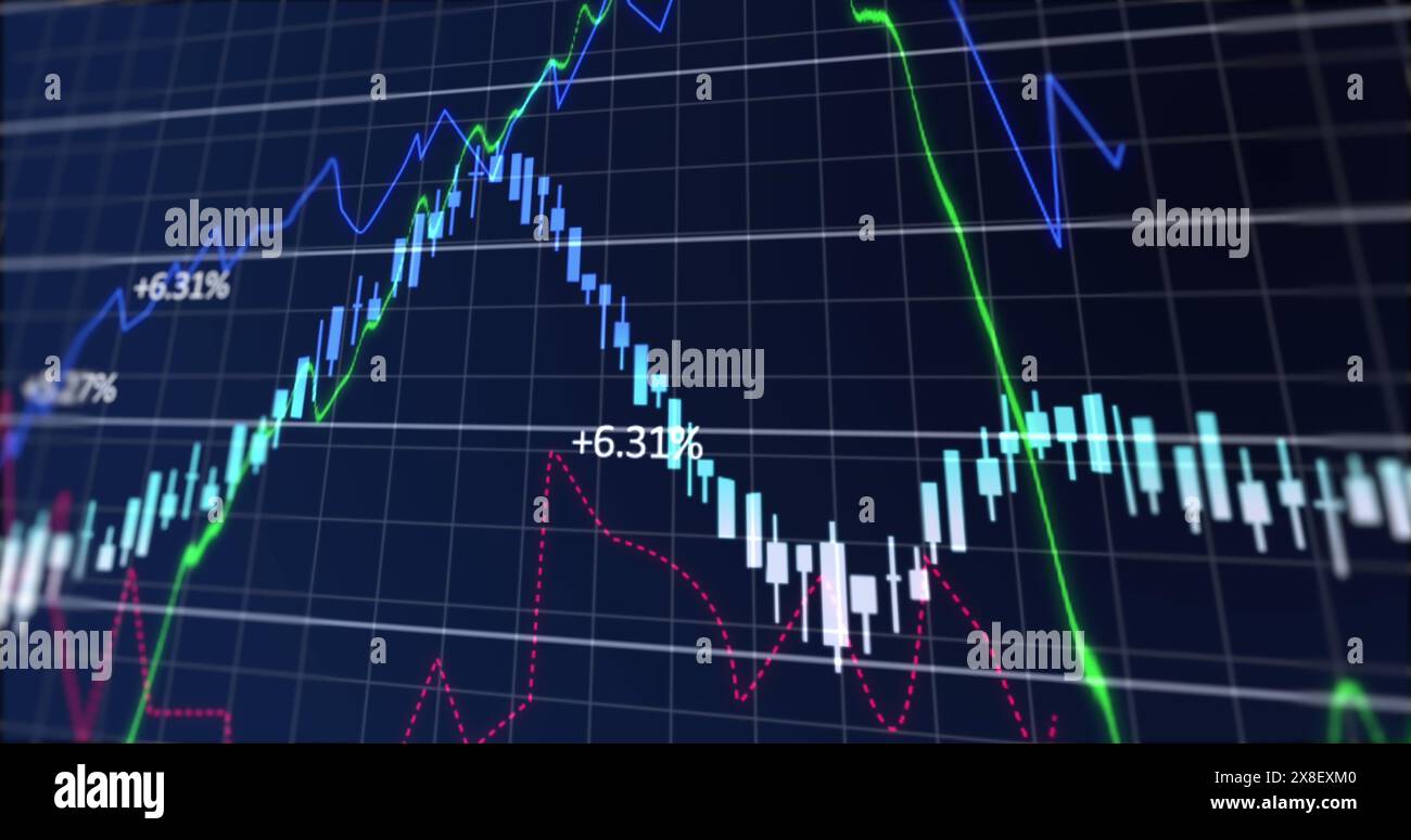 Image of multiple graphs with changing numbers and grid pattern over black background Stock ...