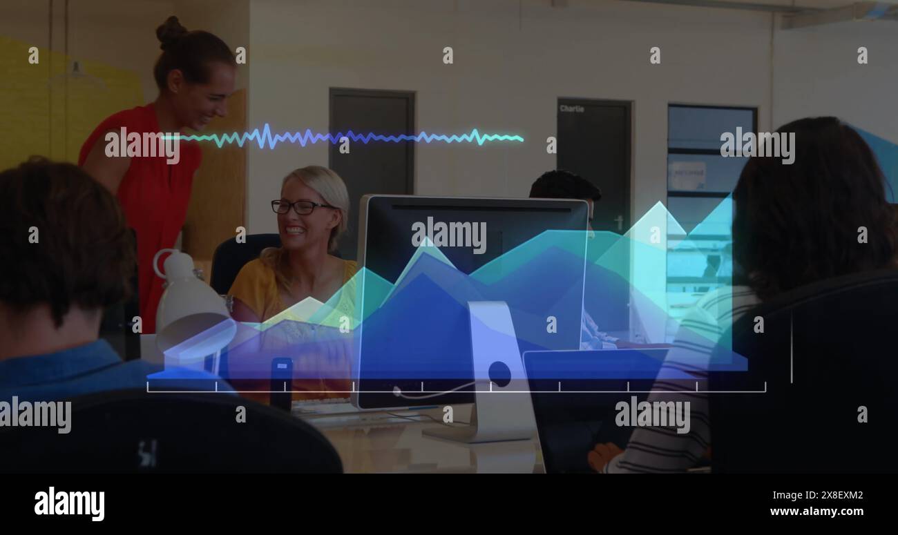 Image of graphs and soundwaves over caucasian colleagues using computer ...