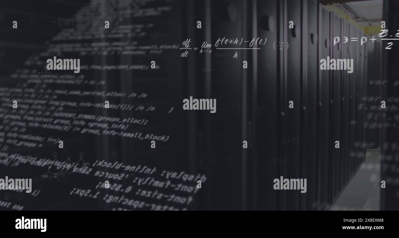 Image of mathematical equations and data processing against computer ...