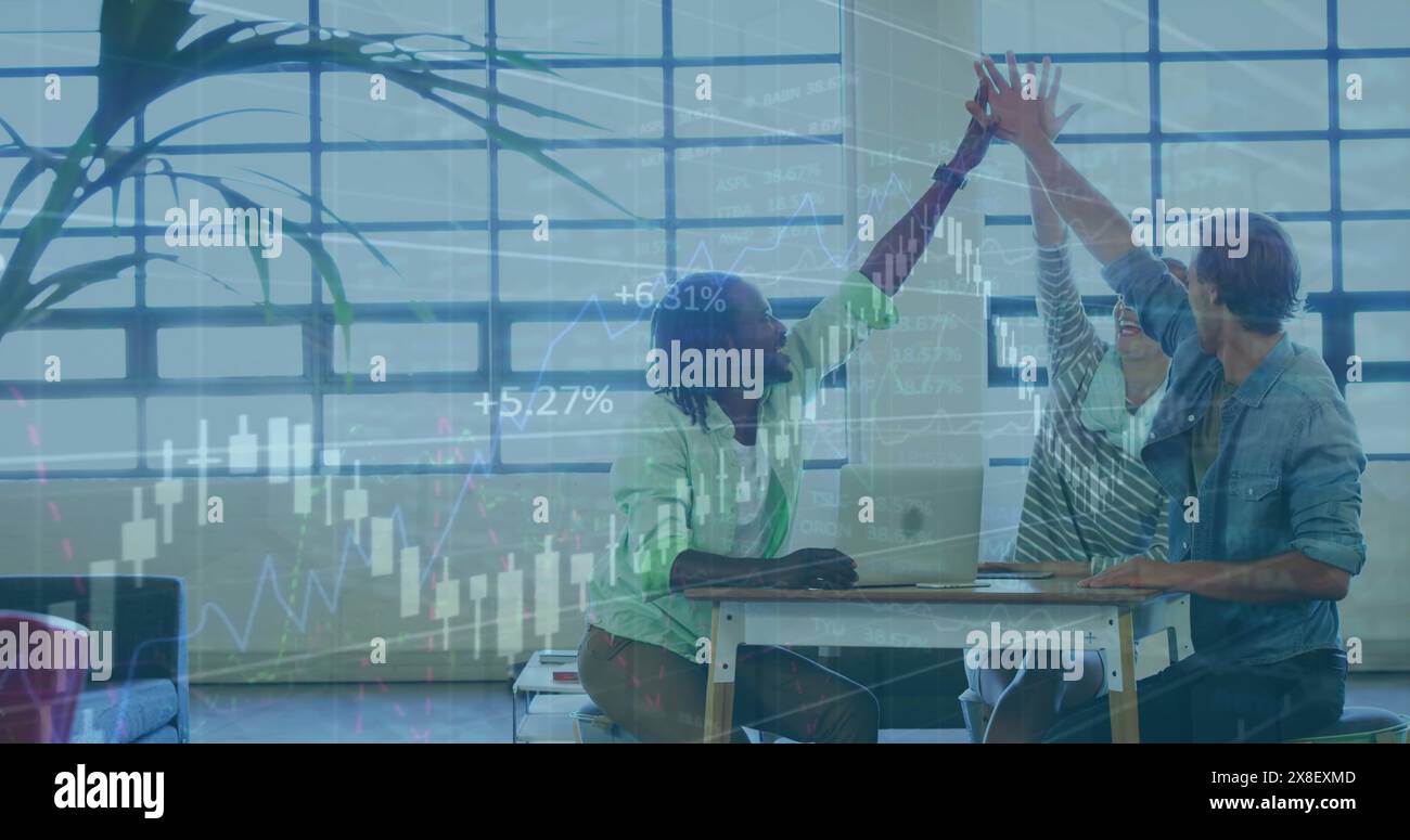 Image of graph with numbers over diverse colleagues giving high-five ...