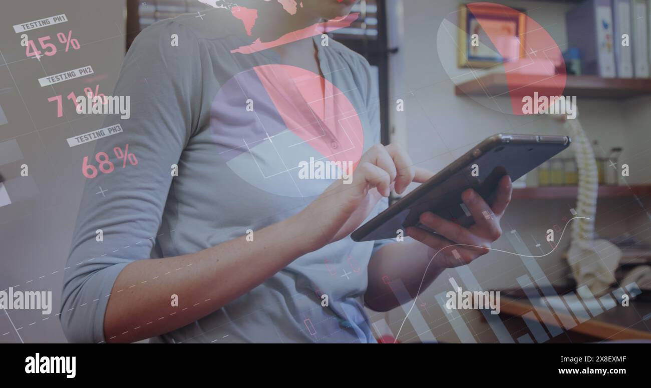 Image of infographic interface over caucasian woman scrolling on ...