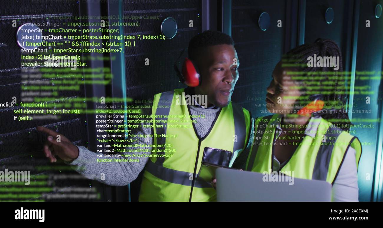 Image of data processing over african american male and female engineers working at server room ...