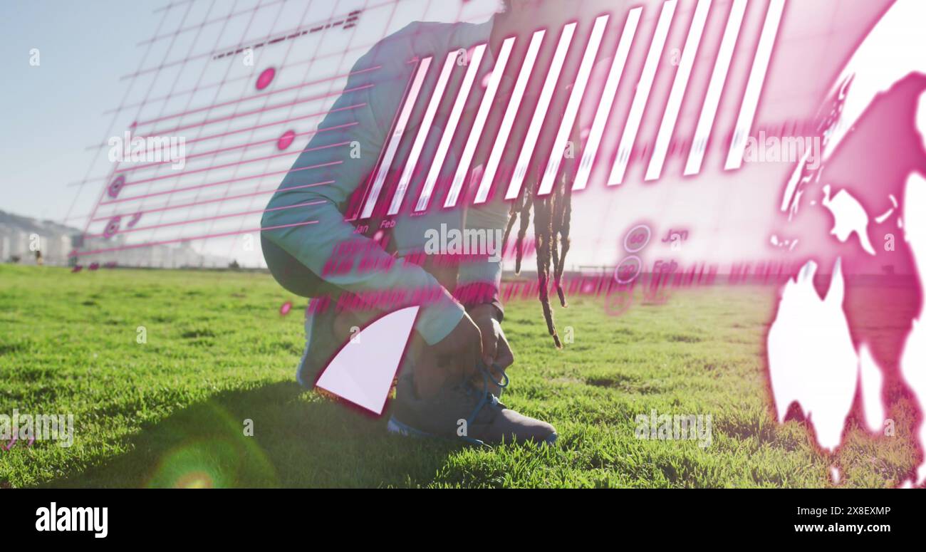 Image of data processing over african american man tying shoe lace by ...