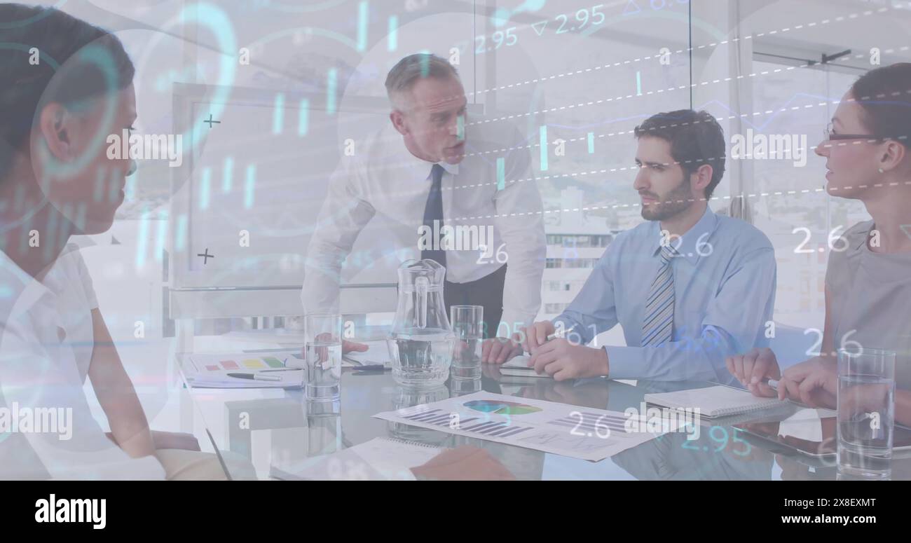 Image of infographic interface over caucasian boss shouting at ...