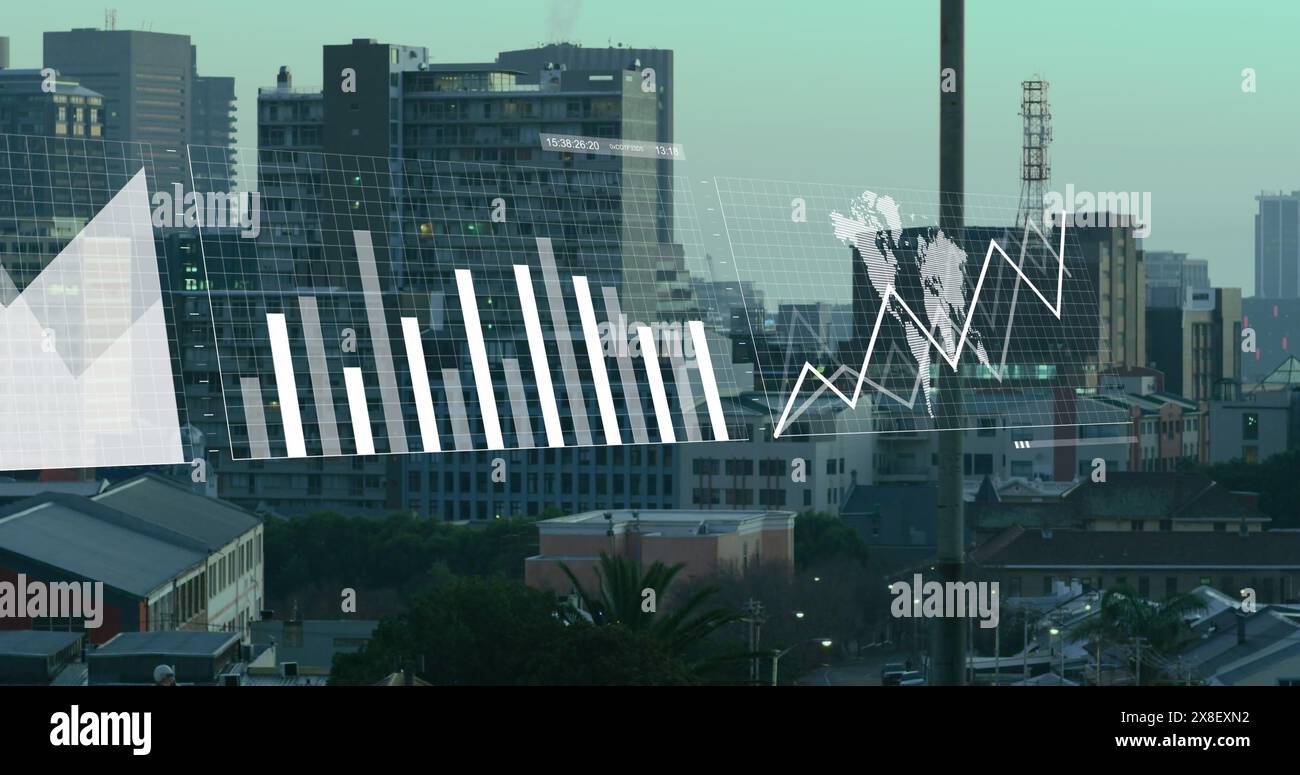 Image of multiple graphs, map and loading bars over aerial view of ...