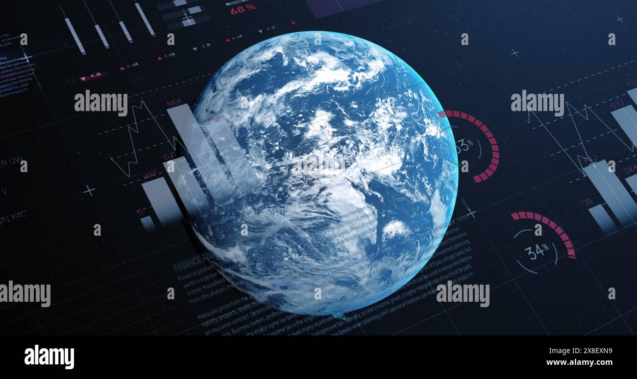 Image of multicolored infographic interface over rotating globe against space Stock Photo - Alamy