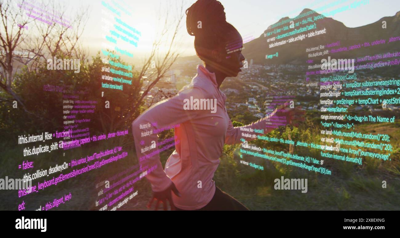 Image of data processing over african american woman running in nature ...