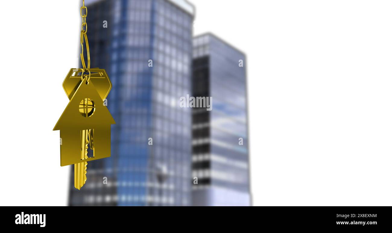 Image of key in house keychain over modern buildings against white ...