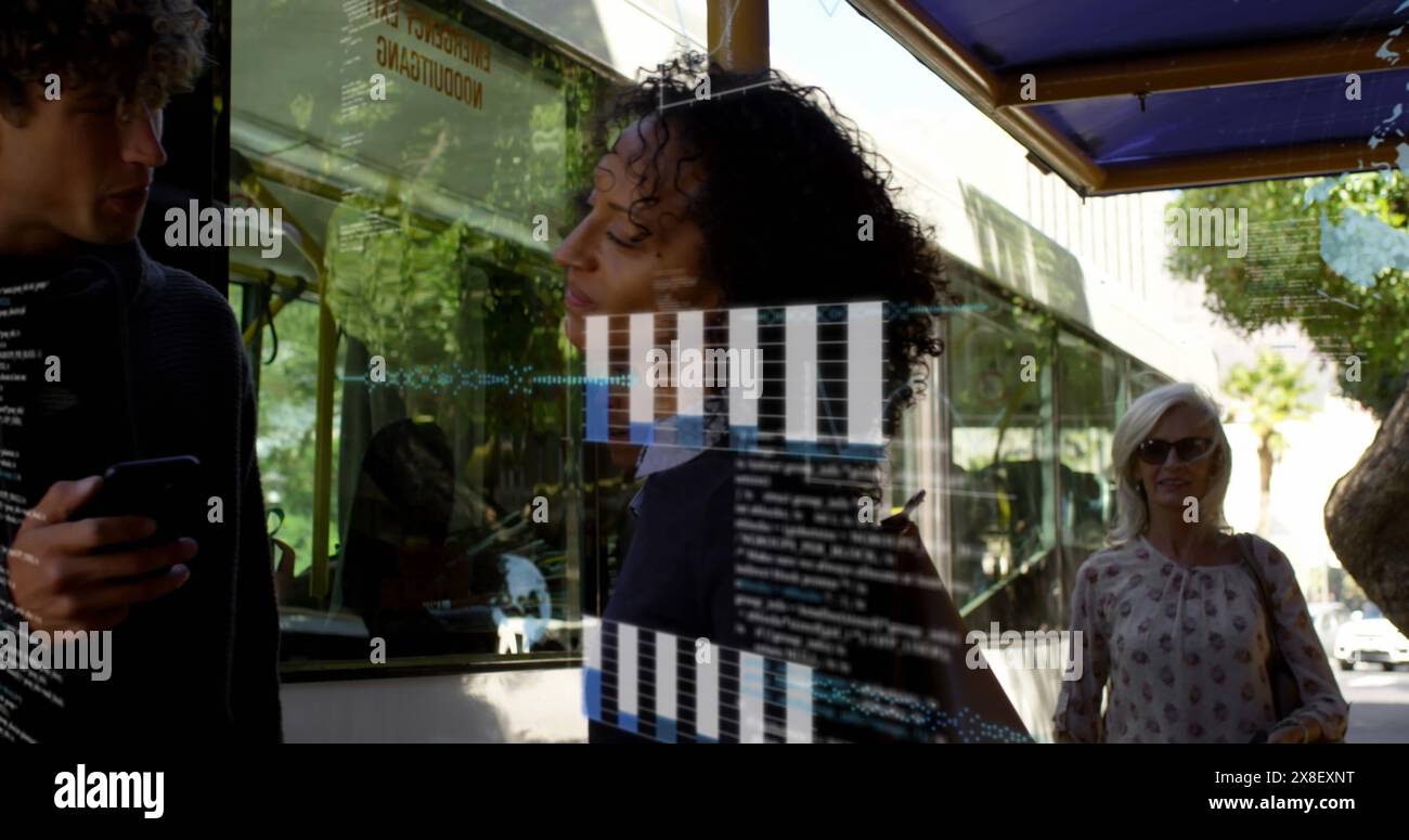 Image of graphs, globes and computer language, diverse friends talking ...