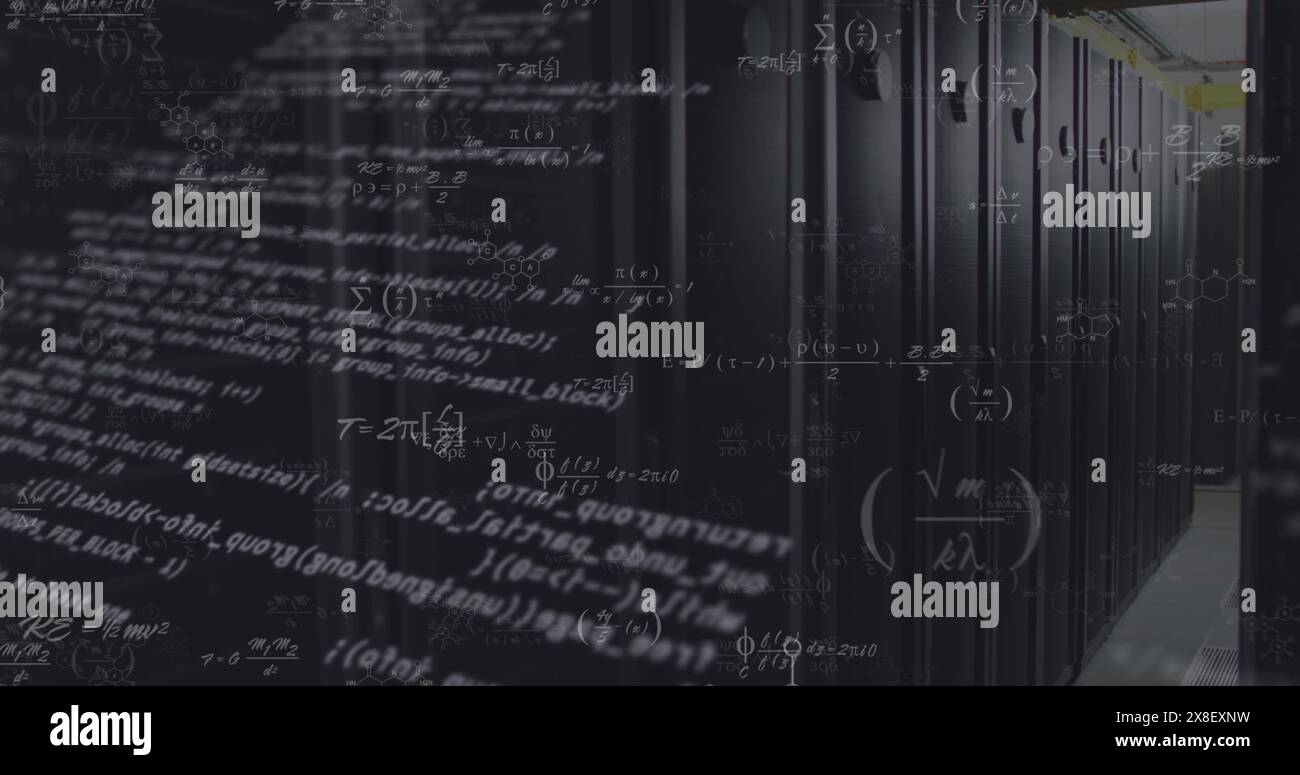 Image of mathematical equations and data processing against computer ...