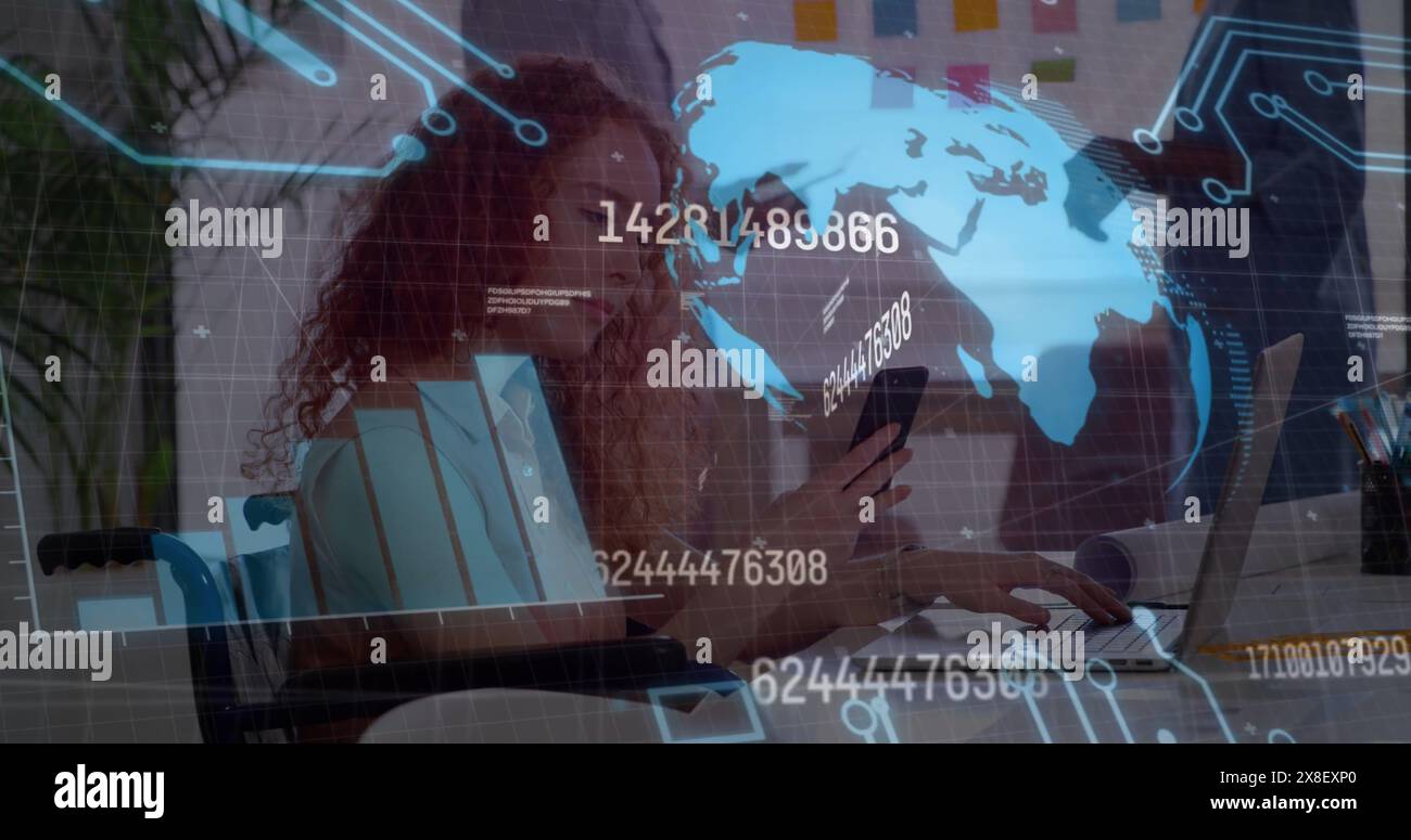 Image of graph, globe, number, coding over caucasian businesswoman ...
