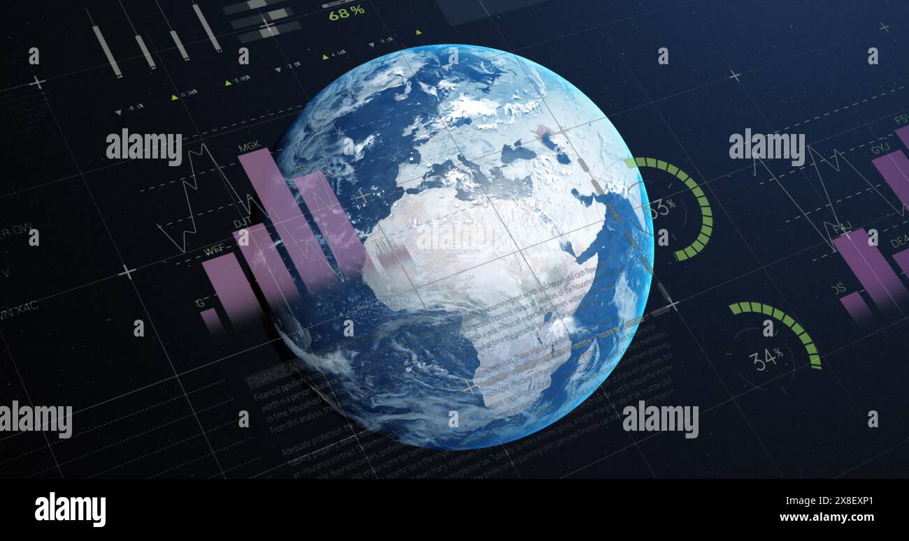 Image of multicolored infographic interface over rotating globe against space Stock Photo - Alamy
