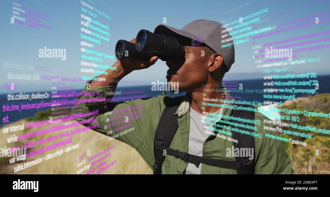 Image of data processing over african american man using binoculars in ...