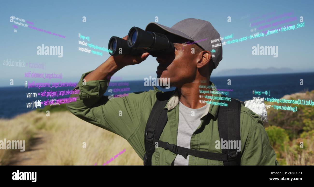 Image of data processing over african american man using binoculars in ...