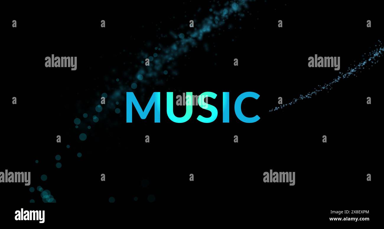 Image of blue music text and light trail on black background Stock ...