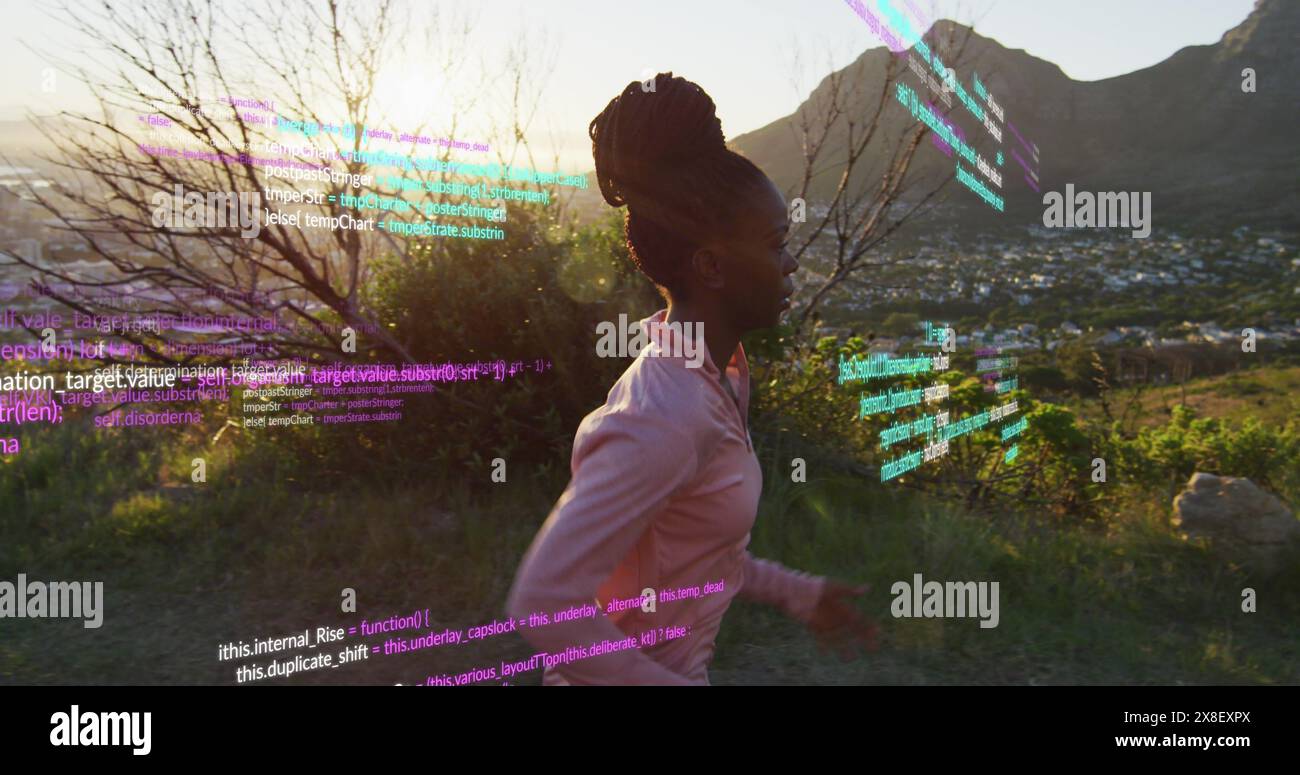 Image of data processing over african american woman running in nature ...