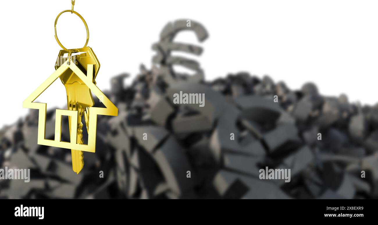 Image of key in house keychain over 3d pilled up euro symbols against ...