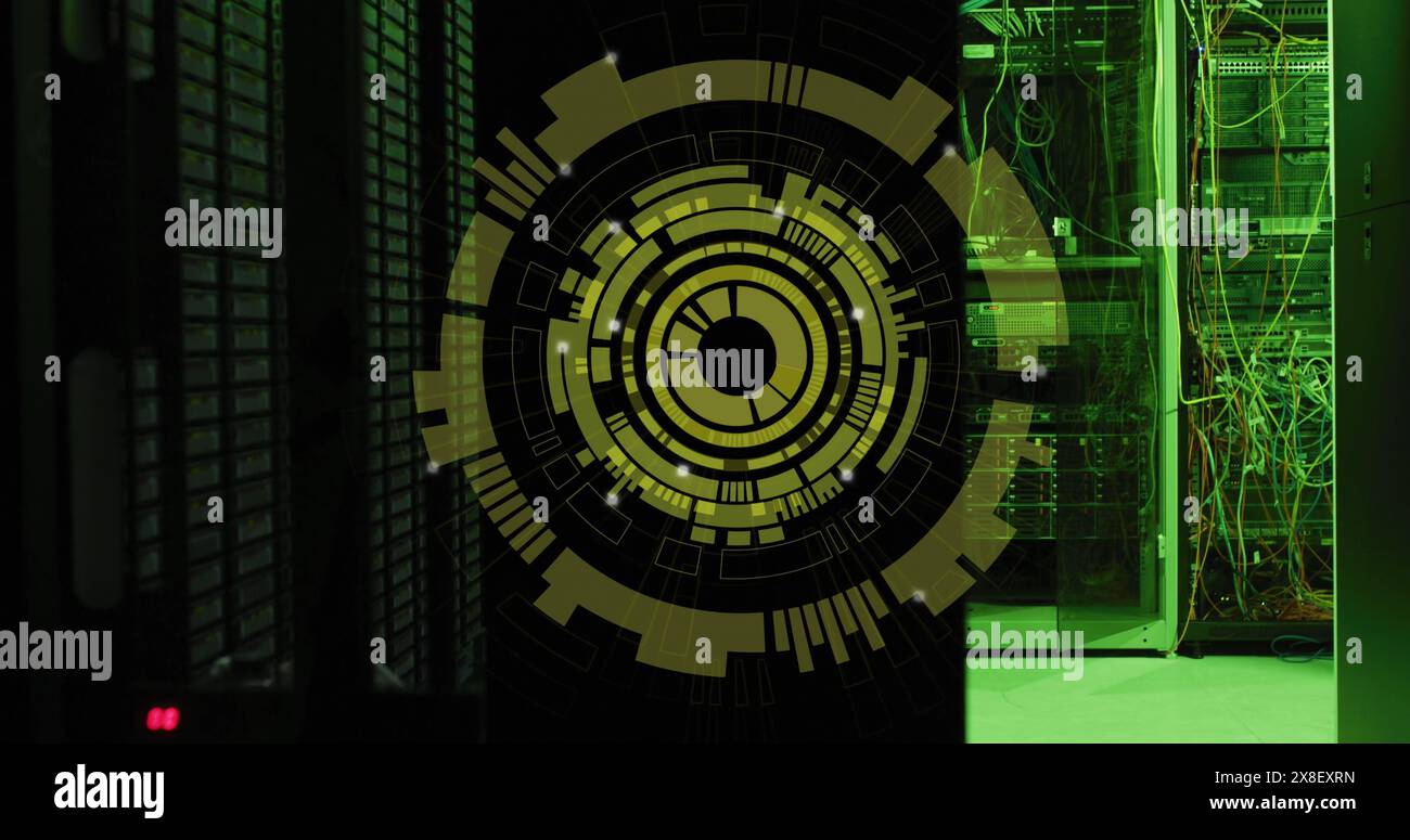 Image of multiple round scanners spinning against computer server room Stock Photo - Alamy