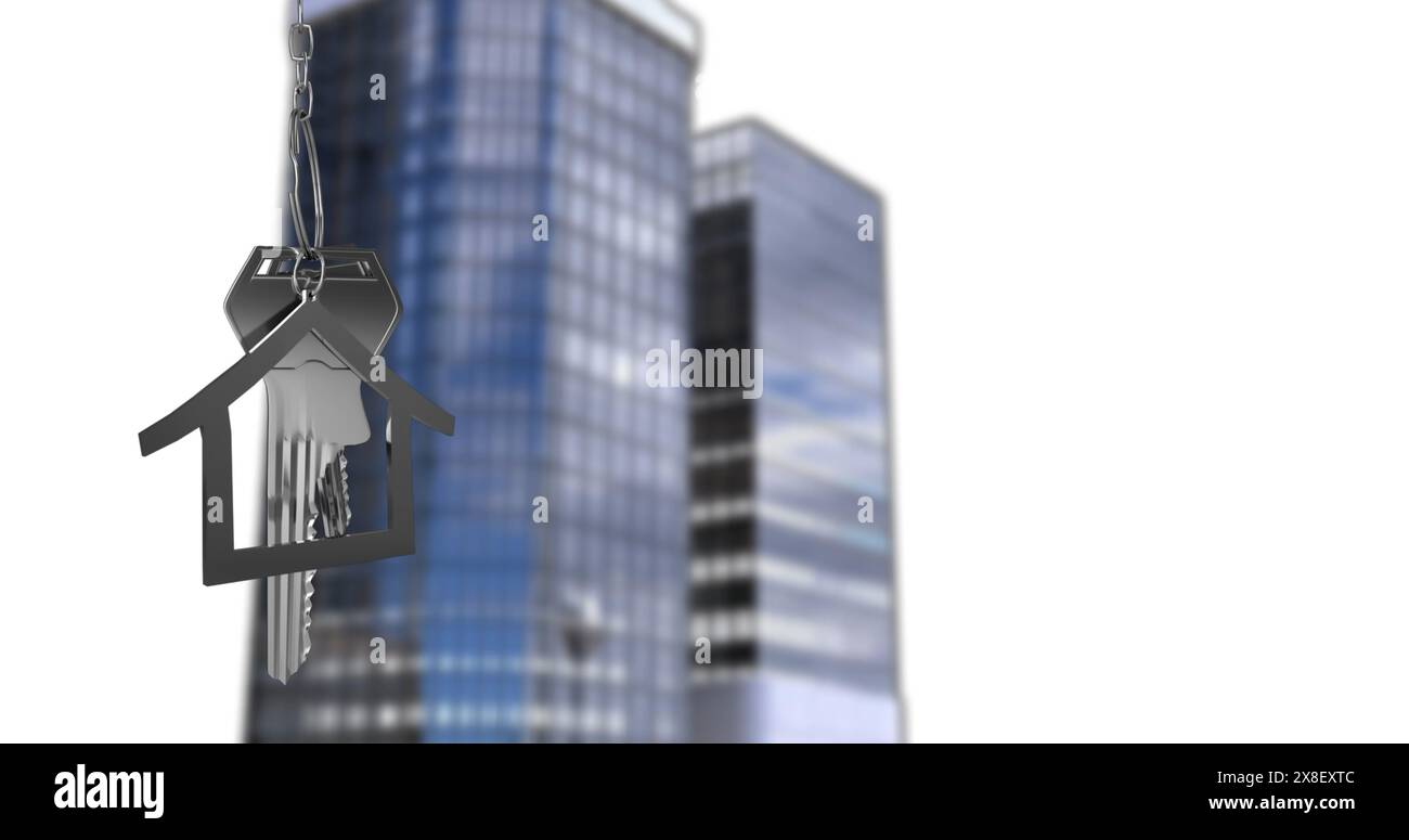 Image of key in house keychain over modern buildings against white ...