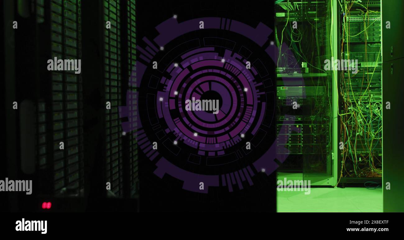 Image of multiple round scanners spinning against computer server room ...